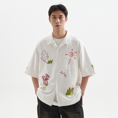 BUTTBILL 24SS复古森林的角落们印花古巴领短袖衬衫日系廓形衬衣