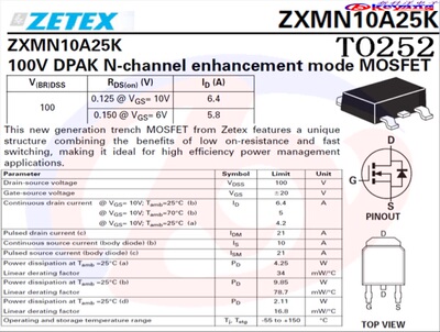 ZXMN10A25K   SOT-252  MOSFET 场效应管 MOS ZETEX