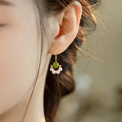 FRIDAY「中国风」和田玉碧玉珍珠耳环女简约个性复古14K包金耳夹