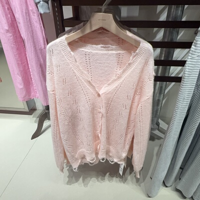 ONE MOMENT正品新款粉色简约长袖针织透气蕾丝拼接针织开衫毛衣