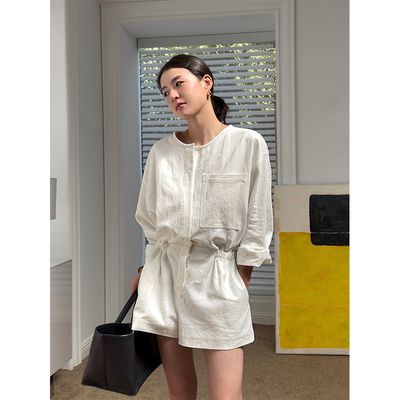 SOTHEA 老钱风 2025年圆领亚麻复古工装衬衫抽绳收腰连体裤连体衣