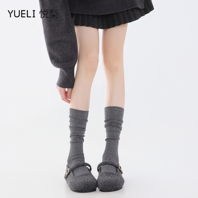 韩版格雷系灰色防滑中筒袜女秋冬季连脚纯色小腿袜保暖显瘦堆堆袜