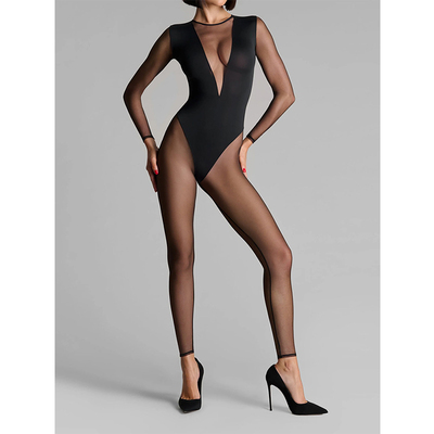 欧美风网纱拼接透明长袖连体衣