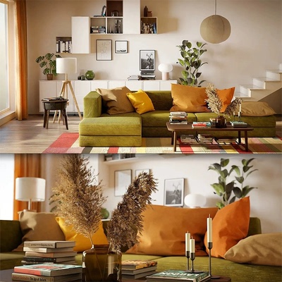 blender暖色调客厅沙发软装黄绿色复古插花茶几边柜场景模型2277