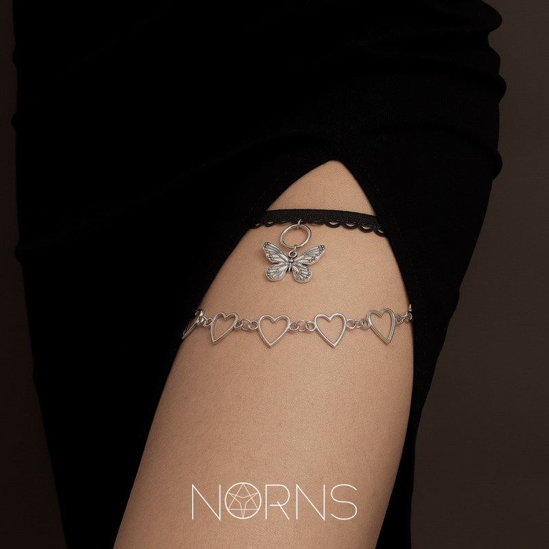 Norns欧美性感个性创意弹性蕾丝合金蝴蝶镂空爱心串链大腿链脚链