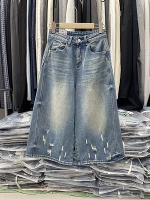 AngelYY8652正品牛仔裤女春季洋气宽松八分阔腿裤遮胯显瘦破洞裤