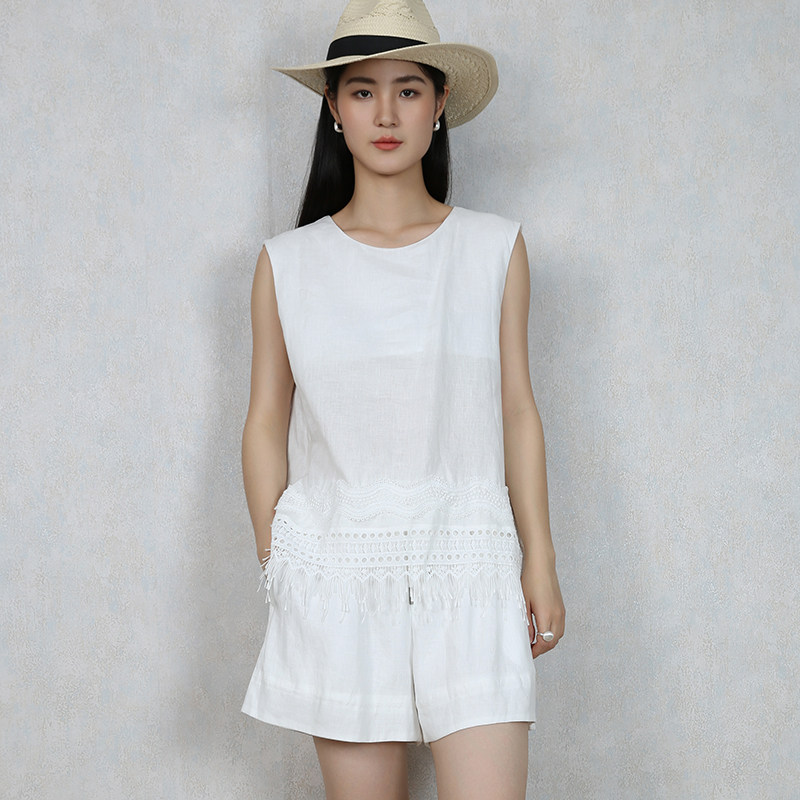 梵凯套装女2026夏松驰风亚麻蕾丝流苏背心上衣配松紧腰短裤套装夏