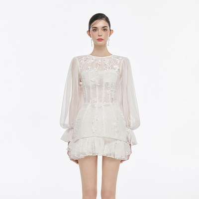 越南JOSEPHINE 2025年春季新款通勤时尚白色亮片花朵连衣裙