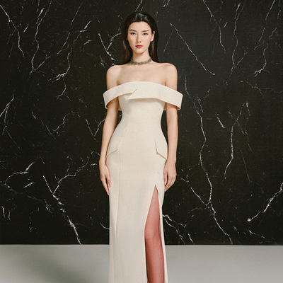 越南小众LANEJT 2026年春季新款优雅纯白高开叉抹胸长裙