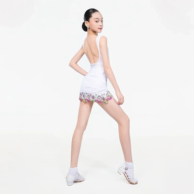 FZS DANCE L321夏季新款拉丁舞女一字肩露背搭配网纱花边裙 白