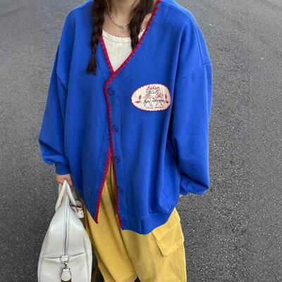 正品现货秋季韩国东大门VENTI家编织边V领开衫宽松卫衣外套