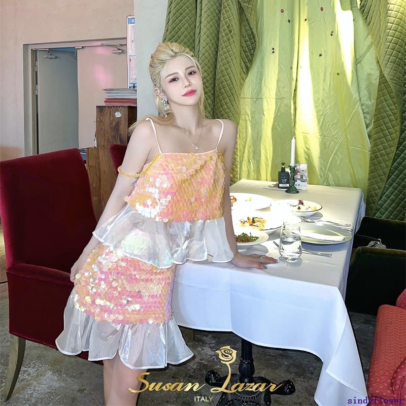 Susan Lazar 22SS人鱼绣片雾纱鱼尾串珠露肩吊带套装上衣半裙_虎窝淘