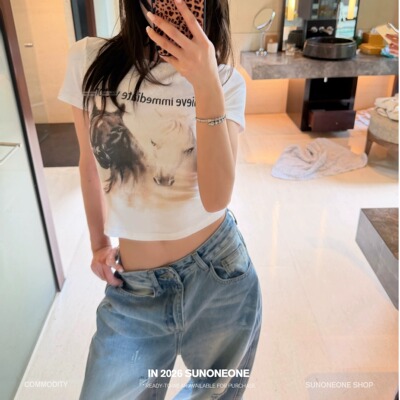 SUNONEONE 正肩美式复古印花短袖T恤女夏季新款显瘦针织露脐上衣