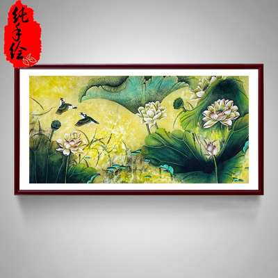 手绘真迹原稿四尺精品工笔荷塘荷花花鸟画 客厅装饰挂画X28066