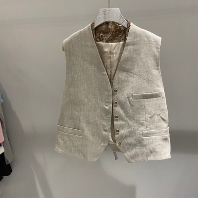 欧洲站2026春季新款百搭净版v领单排扣无袖亚麻西装背心马甲8137