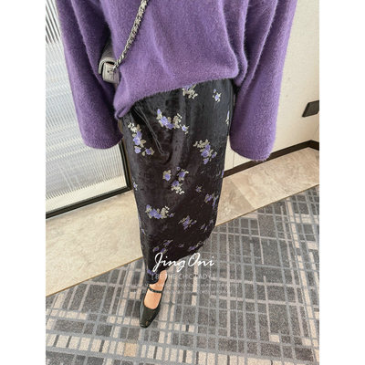 JINGONI碎花丝绒松紧半身裙子女高腰中长款秋冬新款优雅显瘦韩版