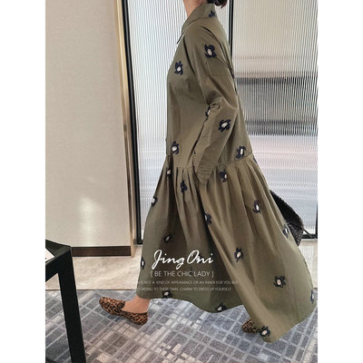 JINGONI花朵刺绣衬衫连衣裙子女长袖中长款宽松复古显瘦大摆秋季