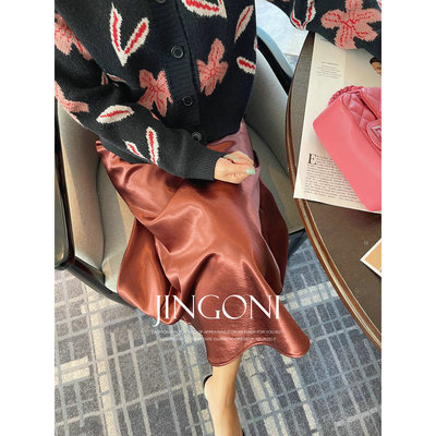 JINGONI缎面包臀中长款半身裙女春秋季新款高腰直筒显瘦修身半裙