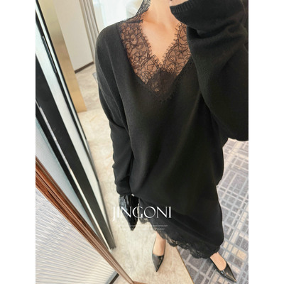 JINGONI黑色蕾丝V领针织衫女上衣宽松显瘦优雅温柔内搭打底毛衣潮