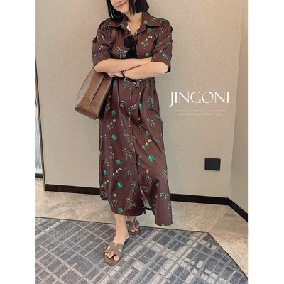 JINGONI复古印花衬衫短袖连衣裙子女夏季新款宽松气质中长款减龄