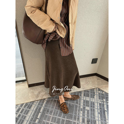 JINGONI美拉德高腰毛呢鱼尾半身裙中长款秋冬季修身显瘦包臀优雅