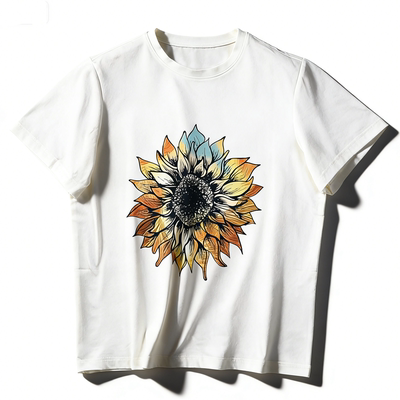 向日葵印花短袖白T恤男女3.17L86113清新文艺风夏日通勤休闲上衣