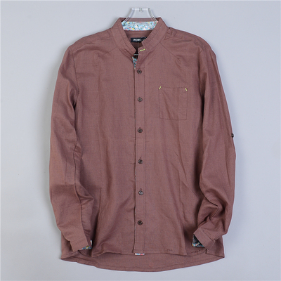 潮男精品纯色修身款棉麻长袖衬衫