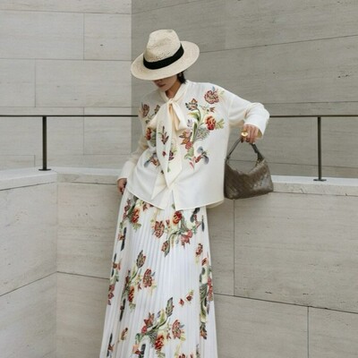 静茹上新法式复古花卉印花压褶半身裙(单卖半裙)A040-7637