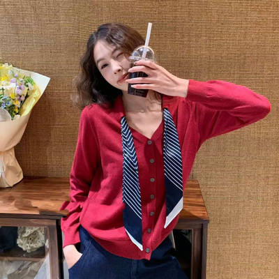 静茹带领带小香风软糯针织开衫保暖毛衣(不可拆卸领口飘带)n9886