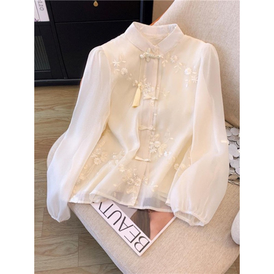 静茹纱拼接新中式复古盘扣立领气质上衣衬衫(流苏不可拆)AL-YR-1