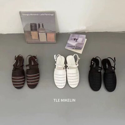 TLEMIKELIN清爽夏日透气编织时装凉鞋女复古拼色包头平底罗马凉鞋