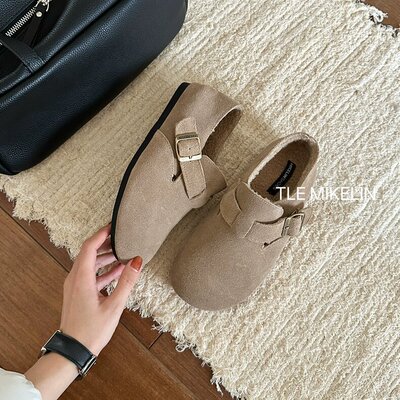 TLEMIKELIN韩版真皮圆头皮带扣软底一脚蹬勃肯鞋加绒保暖豆豆鞋女