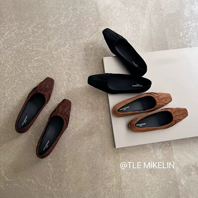 TLEMIKELIN设计感韩版小众褶皱绒面内增高方头平方通勤单鞋奶奶鞋