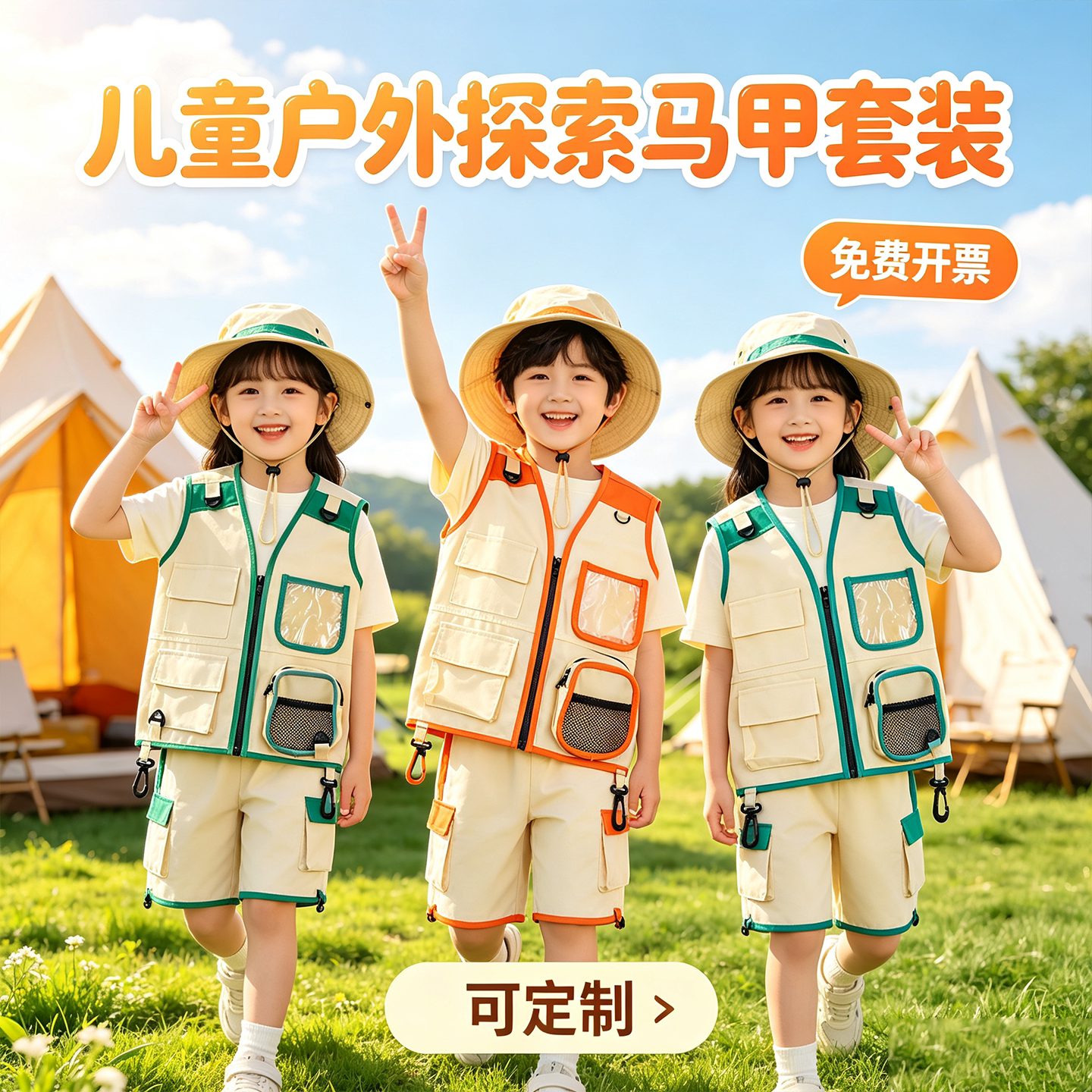 儿童户外探险服马甲男女童小小探险家多口袋背心研学活动马甲定制