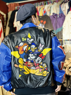 Vintage古着正版卡通米奇真皮棒球夹克