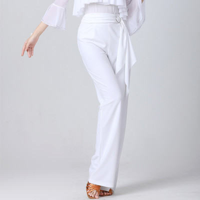新款白色飘带裤广场舞裤子摩登舞裤跳舞裤女交谊舞吉特巴舞蹈裤秋