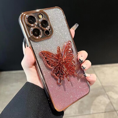 闪粉蝴蝶支架壳适用苹果15手机壳iphone14pro手机壳闪粉13PROMA电镀TPU精孔保护12 11软壳保护套17 7P手机套