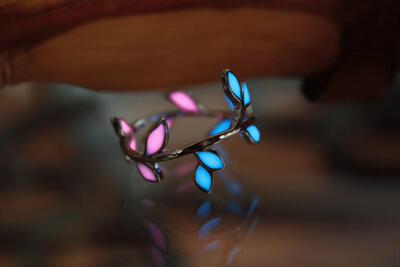 枝叶子粉蓝双色夜光925纯银戒指