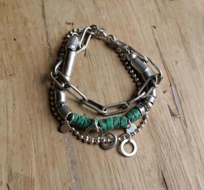 纯银波西米亚绿松石手链多股叠戴