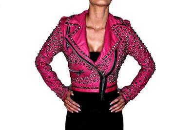 摇滚机车牛皮真皮夹克皮衣铆钉