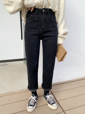 ruo qi ruo诺琦诺8016#冬 高腰宽松炭黑色雪尼尔绒直筒阔腿牛仔裤