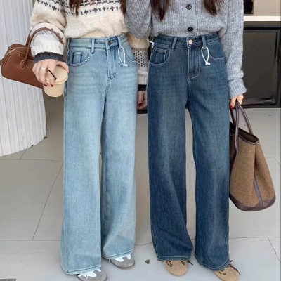 阔腿裤长裤厚绒牛仔2025冬浅蓝色