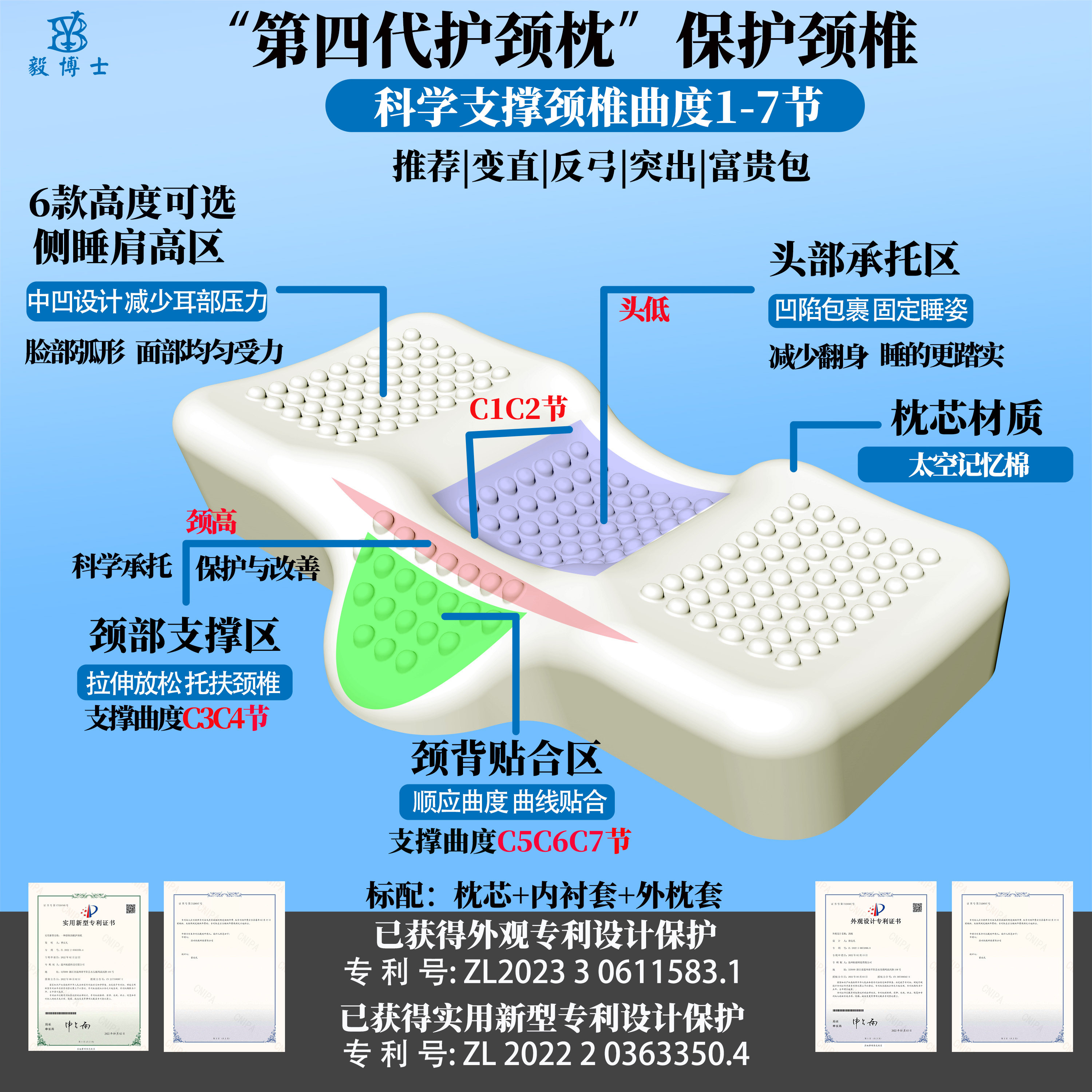 颈椎枕护颈椎颈椎枕支撑枕枕头枕芯专利设计儿童学生成人低枕高枕