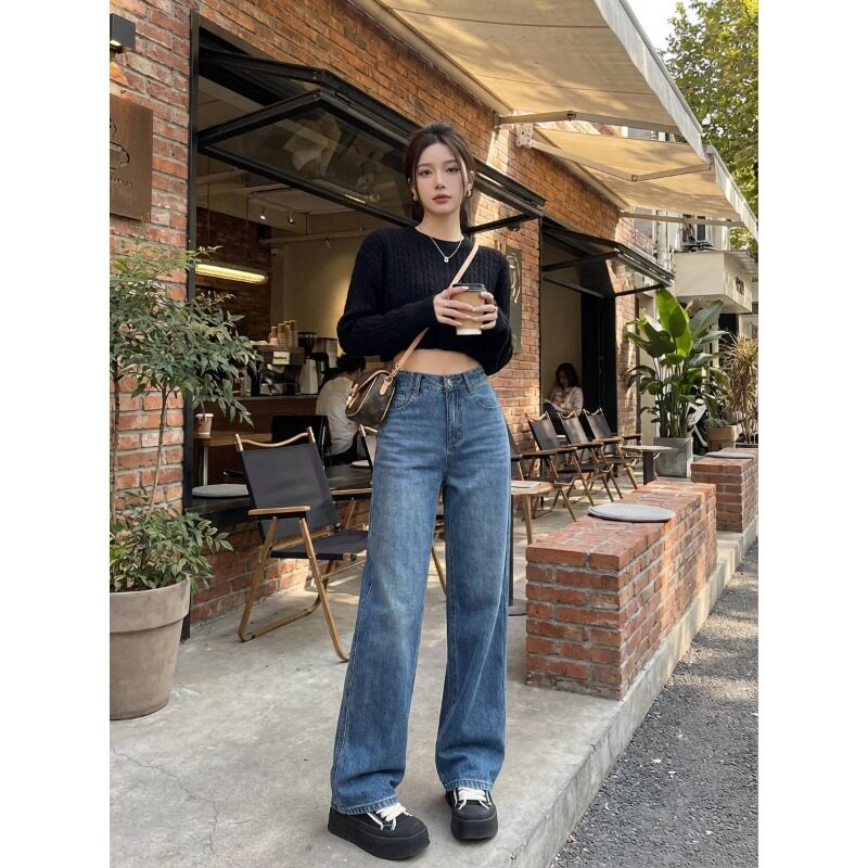 复古窄版直筒高腰牛仔裤女2026春季爆款显瘦阔腿直筒裤子