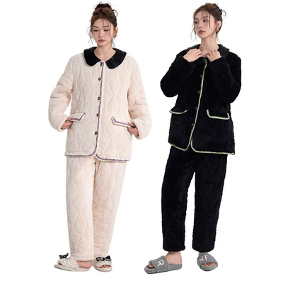 安杜拉 秋冬女士珍珠绒时尚加厚加绒保暖外穿家居服睡衣套装48311