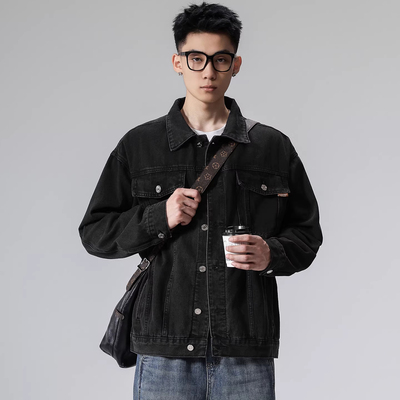 WOODSOON休闲水洗牛仔夹克男士春季时尚潮牌宽松翻领上衣外套