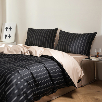 美式轻奢长绒棉200支高支高密贡缎数码印花四件套简约条纹四季款