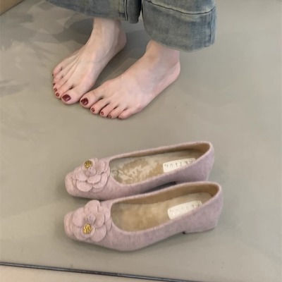 优雅粉色花朵方头浅口加绒晚晚鞋