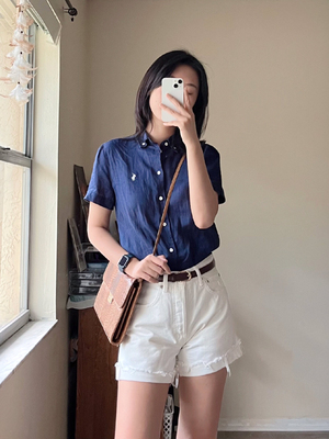 26春夏季拉夫小码刺绣亚麻衬衫Fere_r网红气质轻薄翻领短袖防晒衣