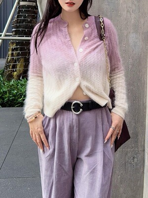 26春秋新款BS吊染粉色渐变毛针织衫圆领拉绒开衫软糯长毛感上衣女